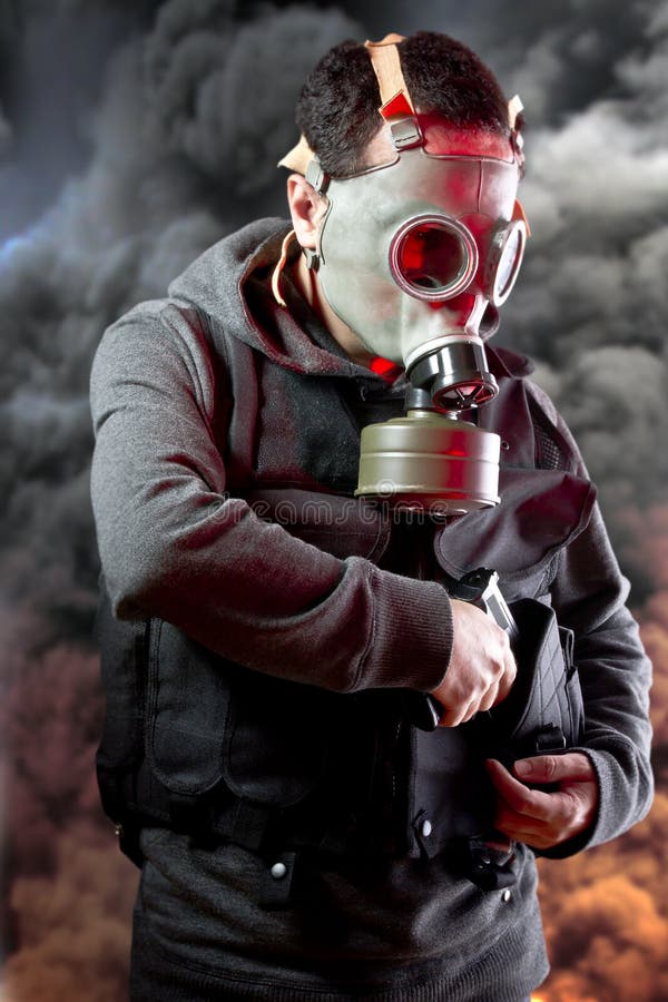Police Man with Gas Mask Over Explosion Background Stock Image - Image ...