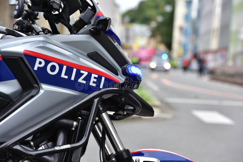 Police motorcycle in Linz editorial stock image. Image of light - 256979124