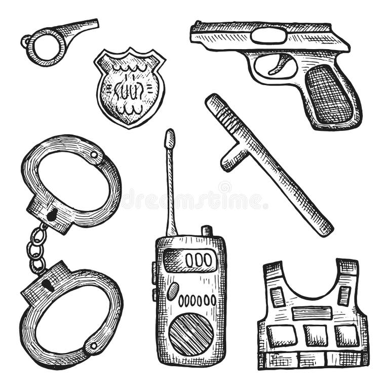 Police Objects Set Vector Sketches Stock Vector - Illustration of ...