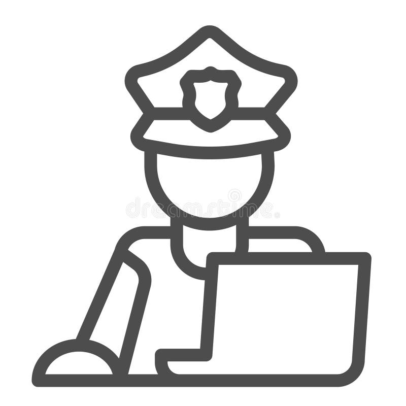 Police Officer with Hat and Laptop Line Icon, Law and Order Concept ...