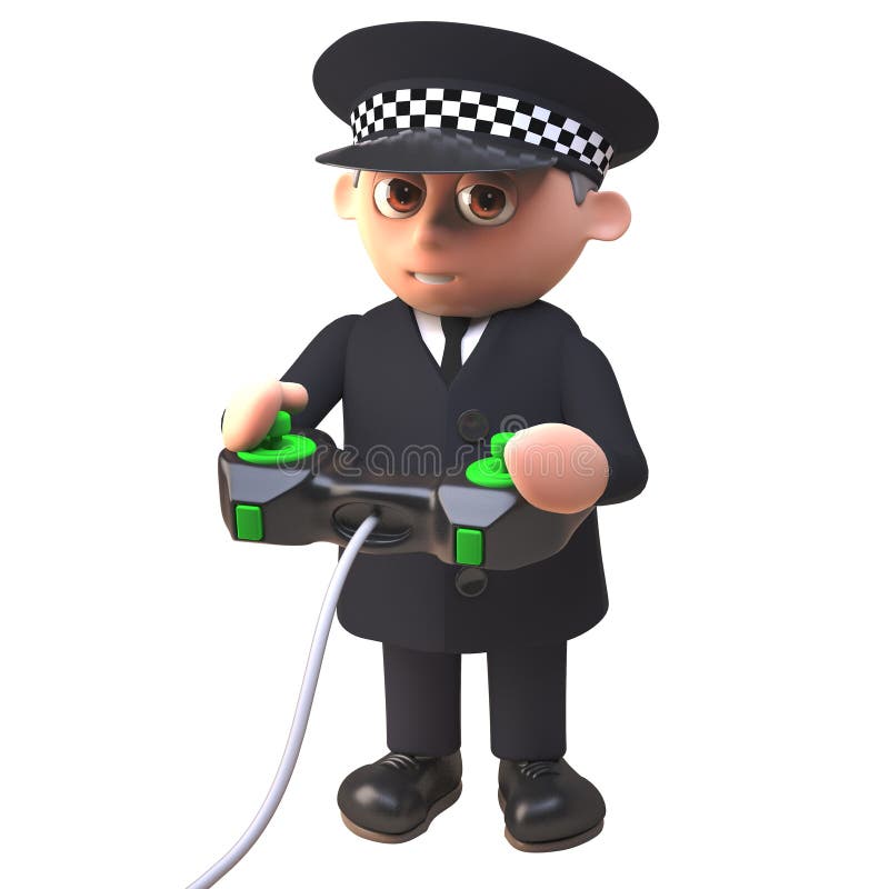 Police Officer Policeman Character in Uniform Plays a Video Game with a ...