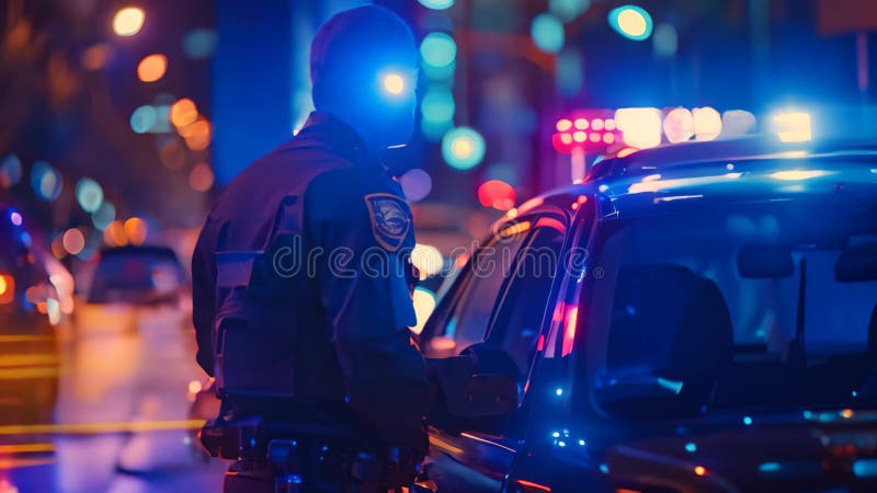A Police Officer is Standing Next To a Police Car during a Traffic Stop ...