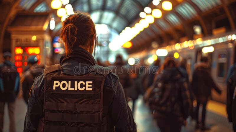 Police Officer in Uniform Observing Crowded Train Station. Stock Photo ...