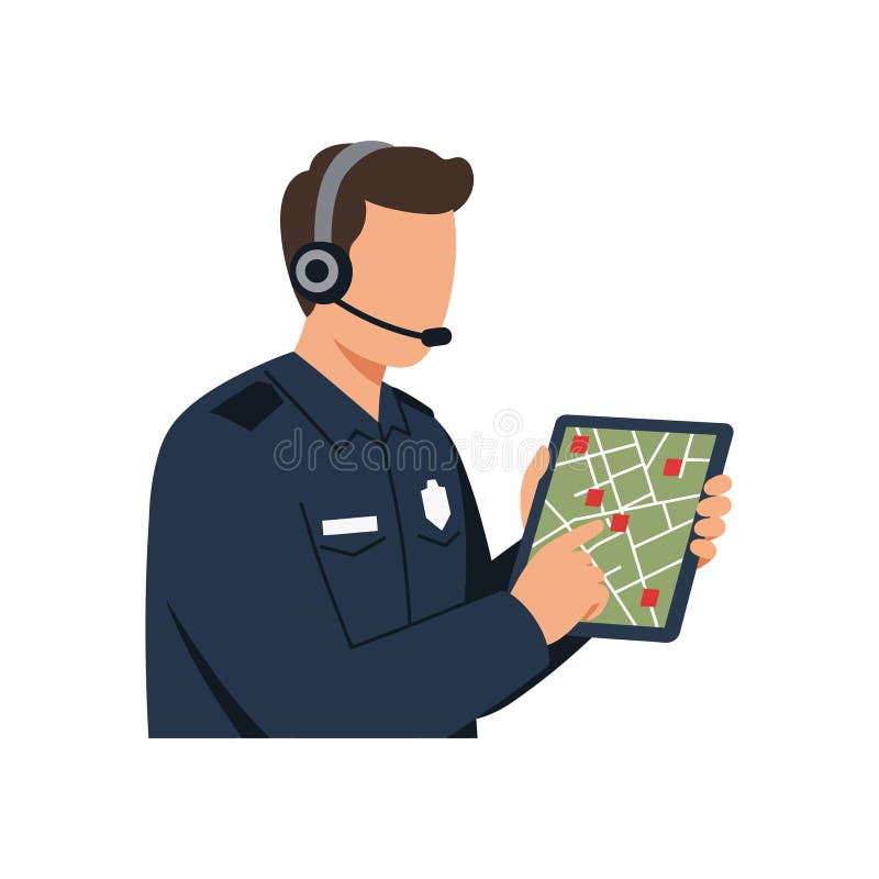 Police Officer Using Headset and Pointing at Location on Digital Map in ...
