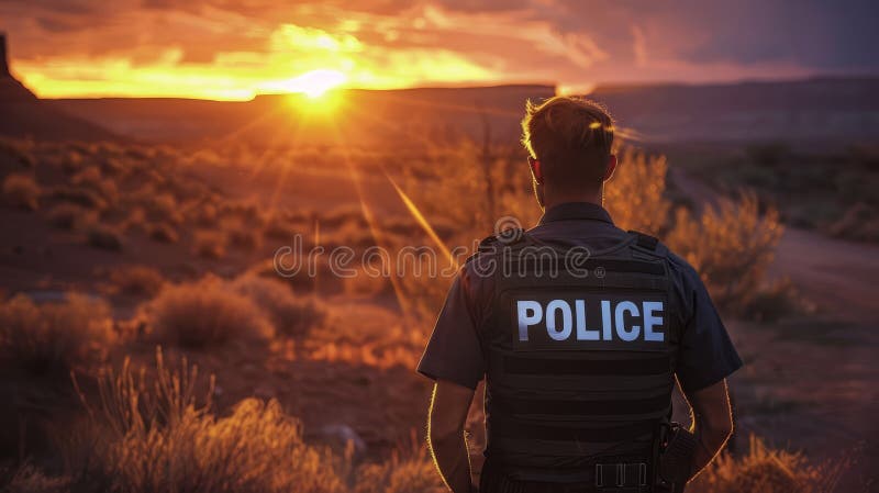 Police Officer Watching Sunset in the Desert, Back View. Stock Image ...