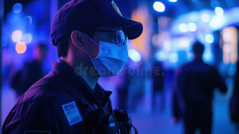 A Police Officer Wearing a Mask Stands in a Vibrant, Illuminated ...