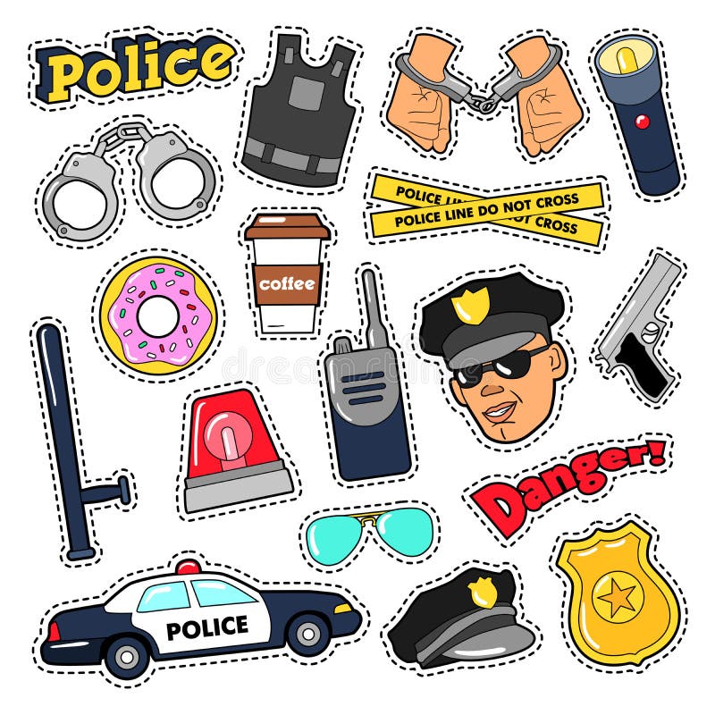 Police Security Stickers Set with Officer, Gun and Car Stock Vector ...