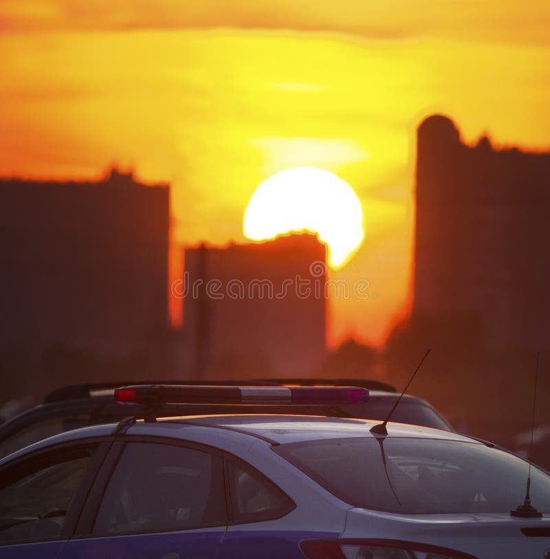 Police Service Vehicle at the Sunset in the City Stock Photo - Image of ...