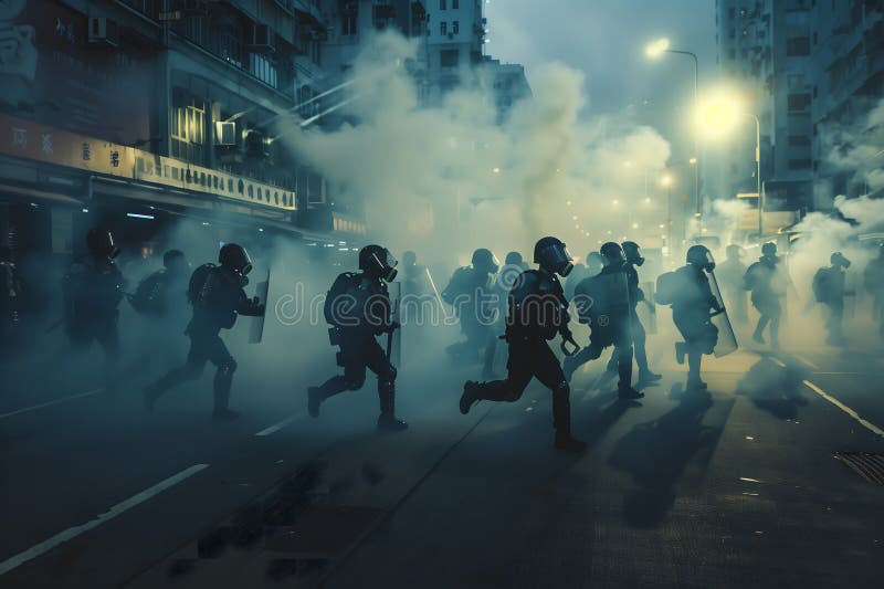 Police Unit Advancing through Smoke during Urban Disturbance Stock ...