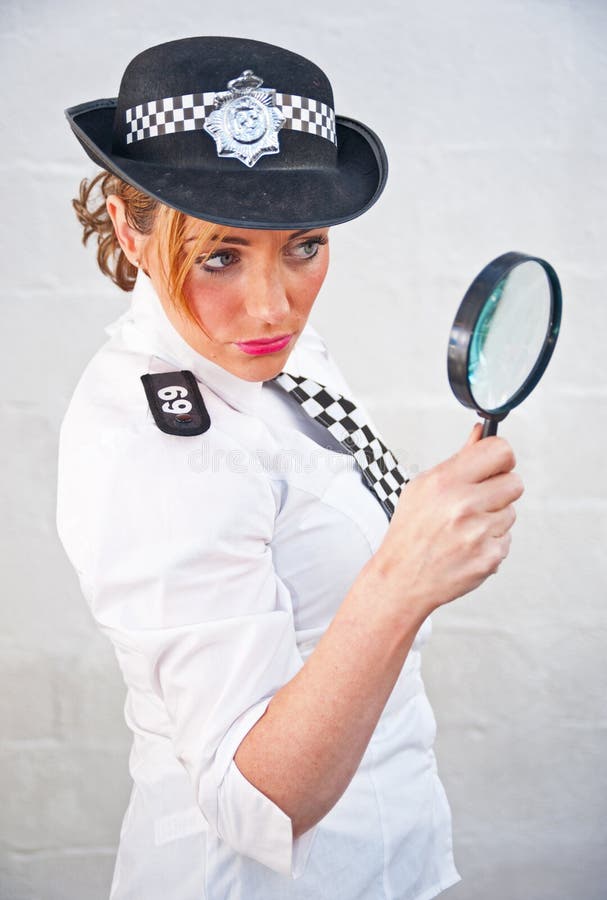 Police Woman 69 with Magnifying Glass Stock Image - Image of white ...