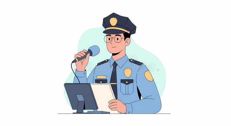 Policeman Giving Speech Using Microphone and Reading a Document ...
