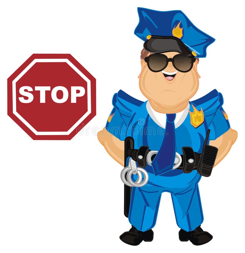 Policeman and road sign stock illustration. Illustration of character ...
