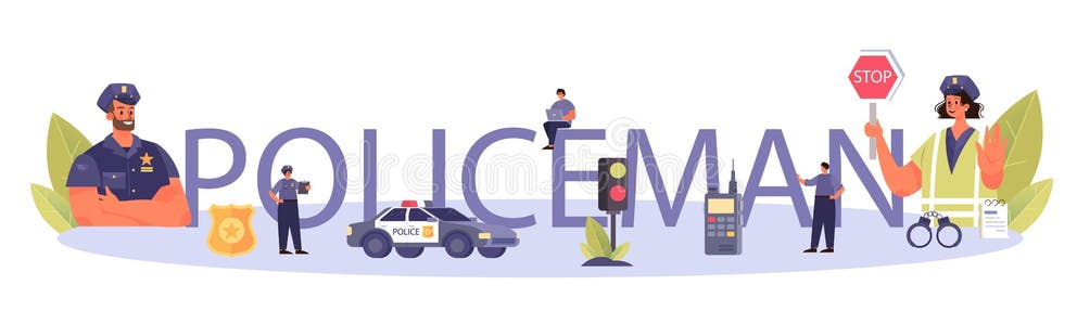 Policeman Typographic Header. Detective Making Interrogation ...