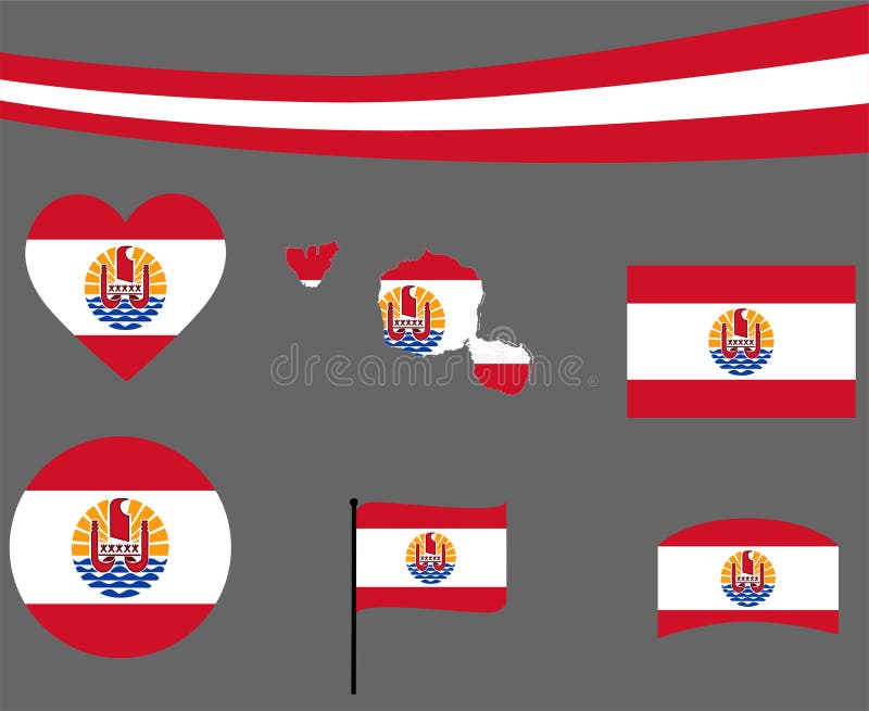 French Polynesia Flag Map Ribbon and Heart Icons Vector Illustration ...
