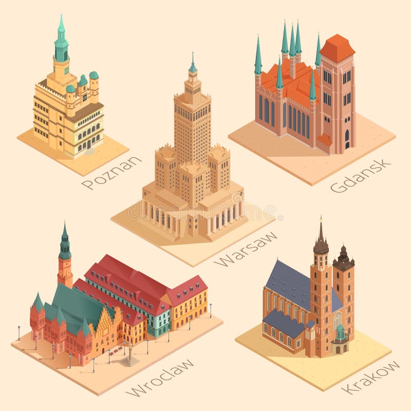 Polish Cities Isometric Landmarks Set Stock Vector - Illustration of ...