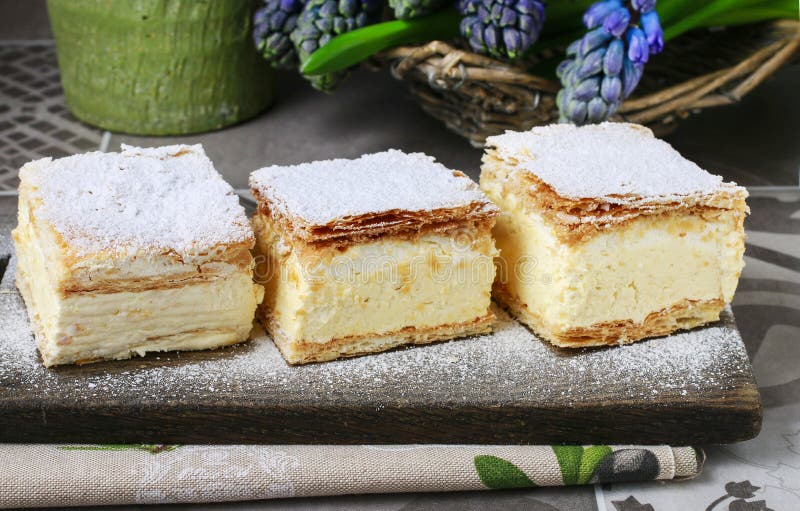 A Polish Cream Pie Made of Two Layers of Puff Pastry, Filled Wit Stock ...