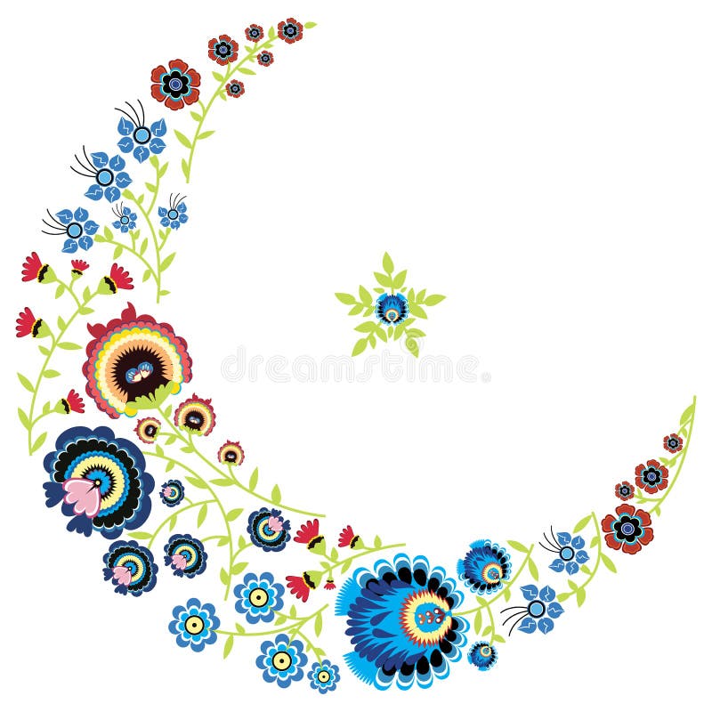 Polish Folk Floral Pattern in Moon and Star Shape on White Background ...