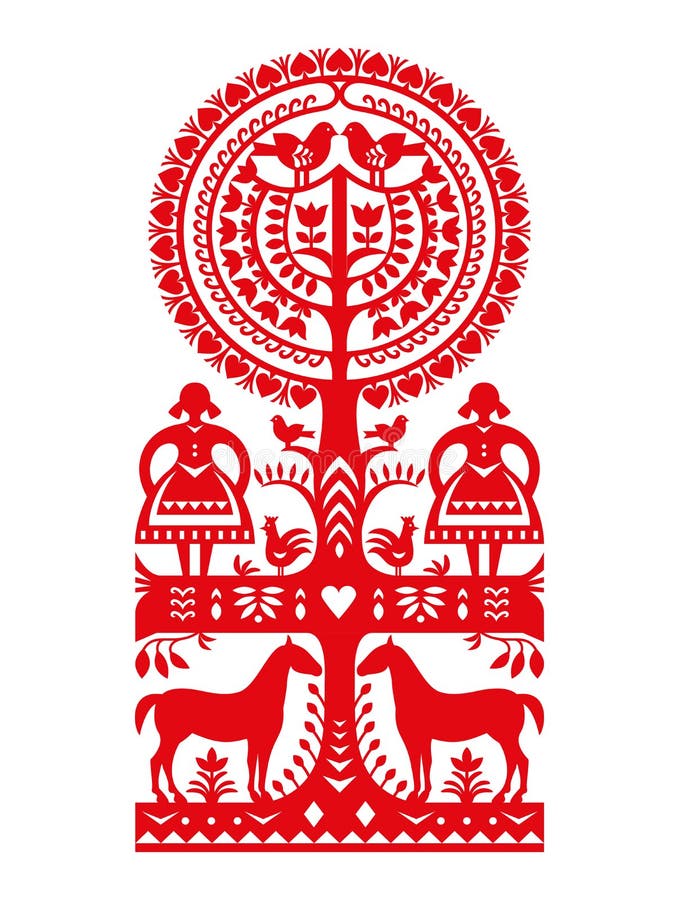 Polish Folk Art Vector Pattern Wycinanki Kurpiowskie with Women, Birds ...