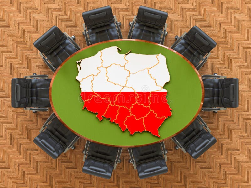 Polish Goverment Meeting. Map of Poland on the Round Table, 3D ...
