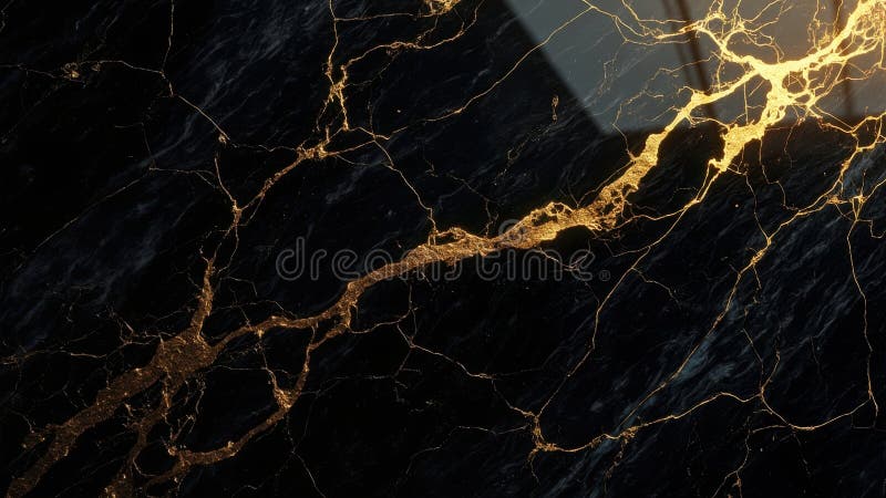 A Polished Black Marble Surface with Intricate Gold Veining Creates a ...