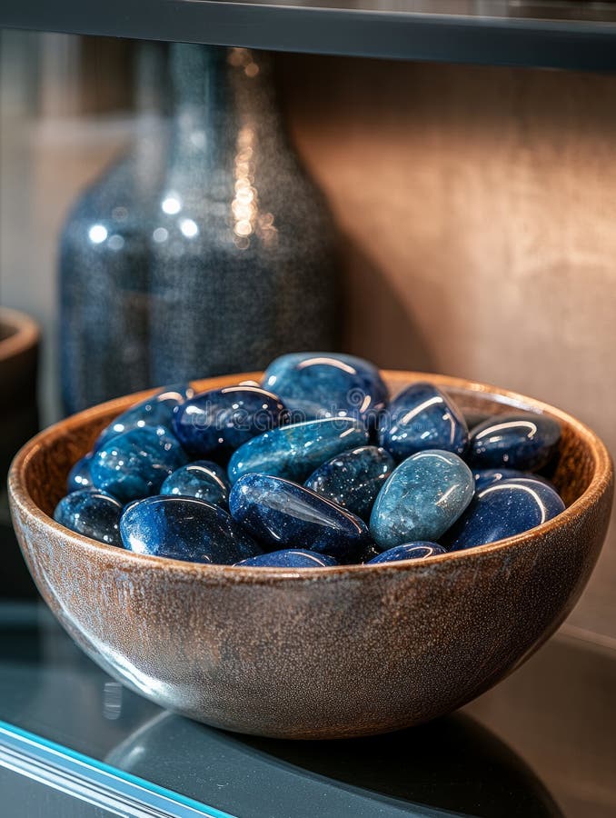 Polished Blue Stones in a Brown Bowl on a Shelf Stock Photo - Image of ...