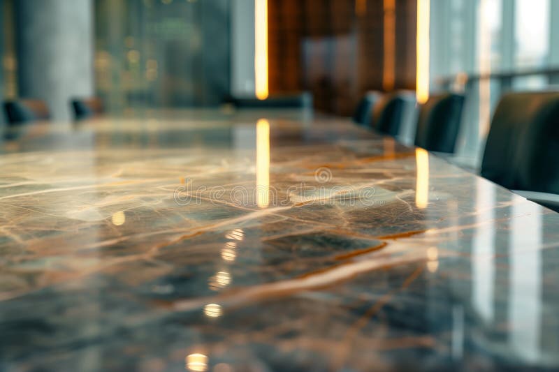 A Polished Conference Table with Swirling Marble Patterns Reflects ...