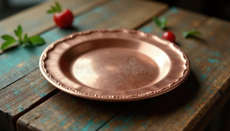Polished Copper Plate Centered on Weathered Wood Table , Copper, Orange ...