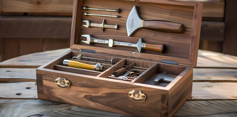 Polished Dark Brown Wooden Toolbox with Organized Tools Inside and on ...