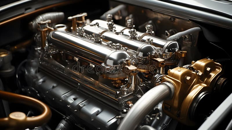 Polished Engine: Detailed View of Classic Car S Chrome and Gold Engine ...