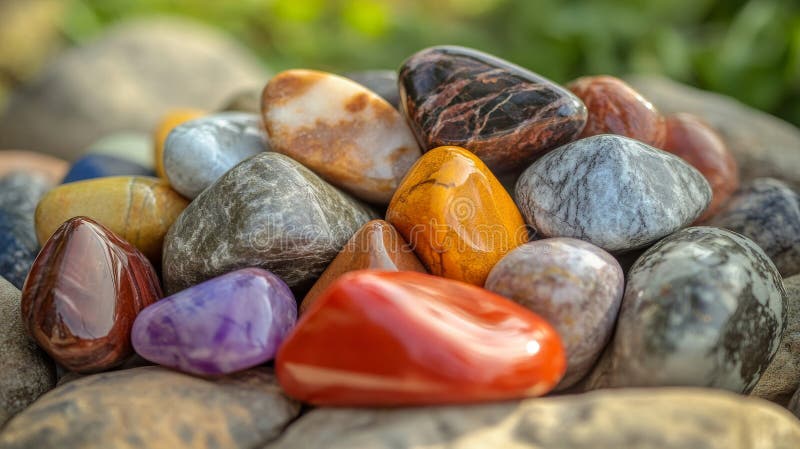 Polished Gemstones Piled on Rocks Outdoors, Natural Beauty Concept ...