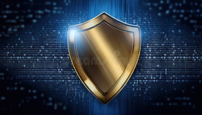 Polished Golden Shield Overlaying Flowing Binary Code on Blue ...
