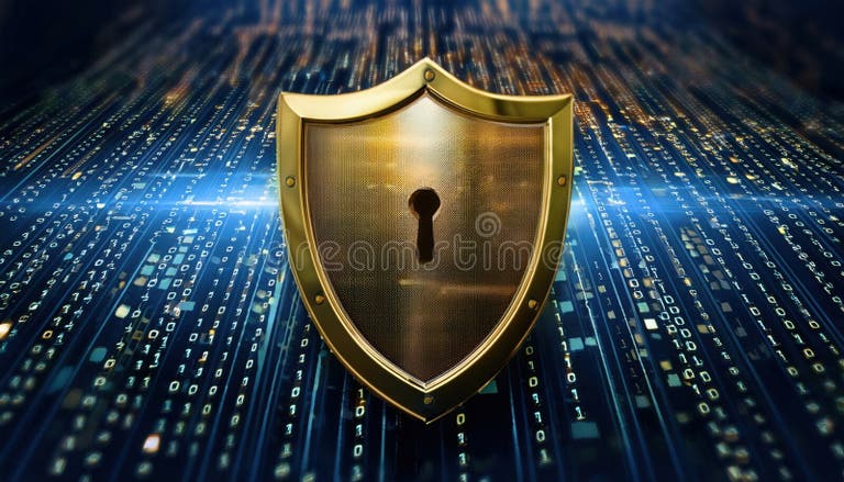 Polished Golden Shield Overlaying Flowing Binary Code in Digital ...