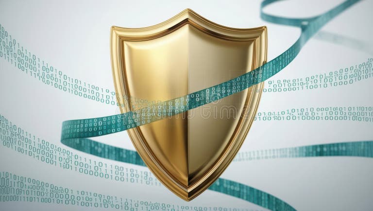 Polished Golden Shield Overlaying Flowing Binary Code Representing ...