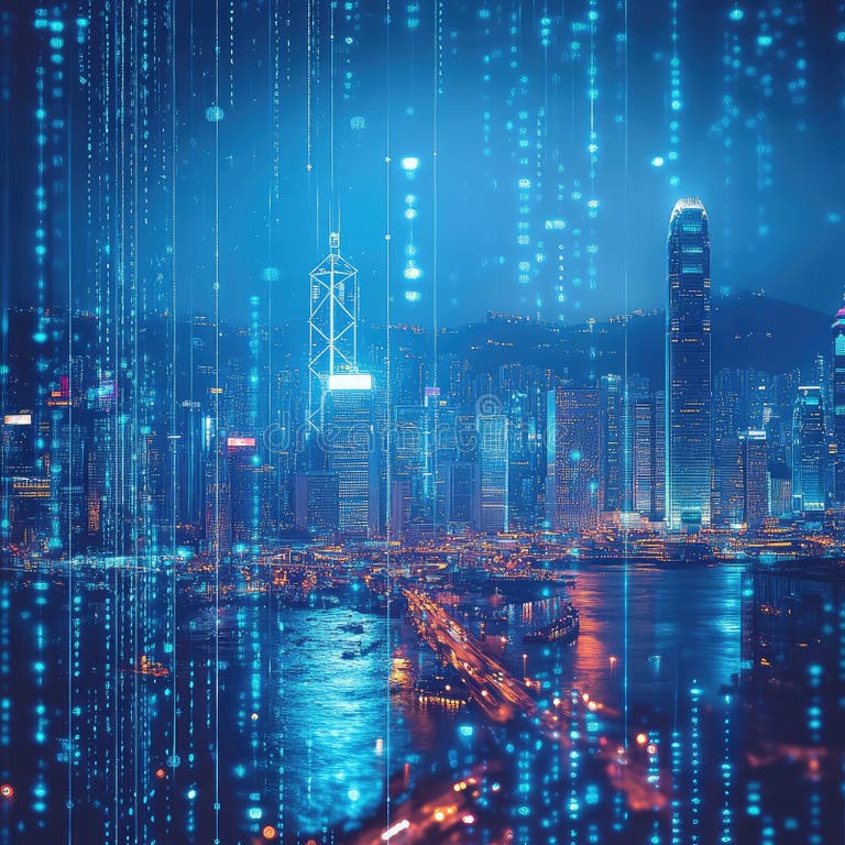 Polished Image Featuring Digital Rain Over City Skyline Stock Photo ...