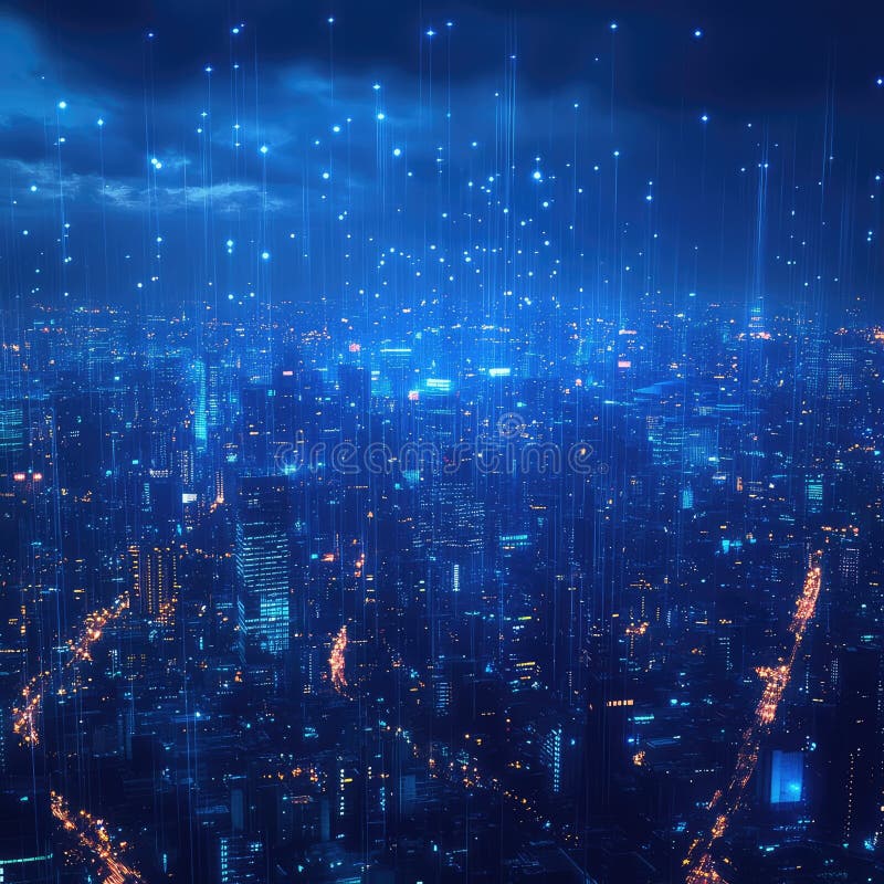 Polished Image Featuring Digital Rain Over City Skyline Stock Photo ...