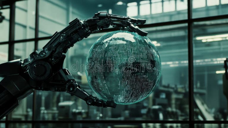 A Polished Image Showcasing a Robotic Arm with a Globe Enveloped in Binary Code, Embodying the ...