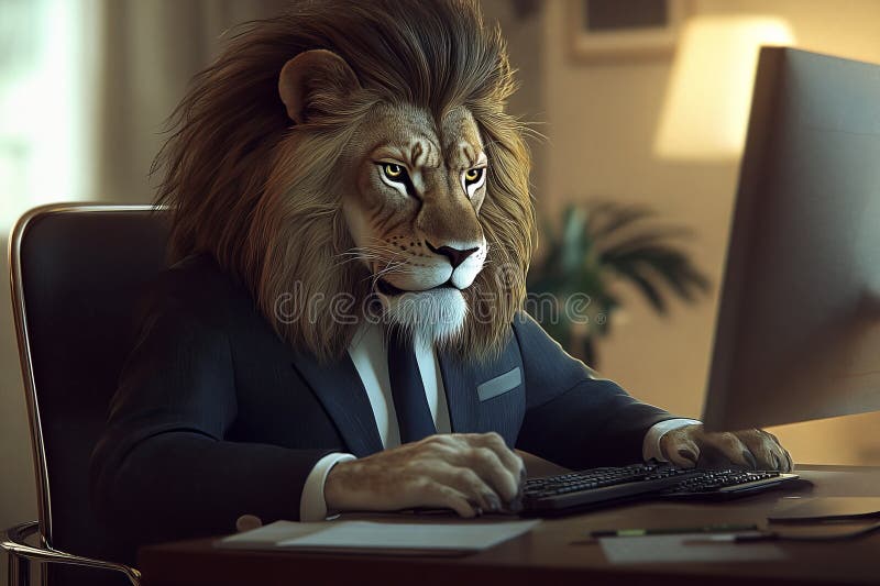 A Polished Lion Thrives in a Modern Office Environment, Seamlessly ...