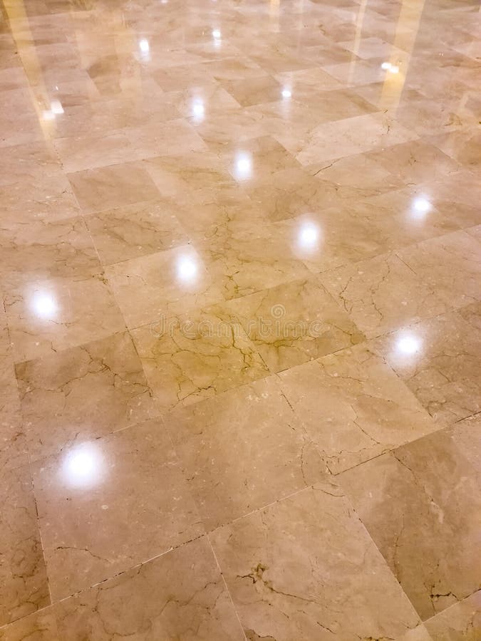 Polished Marble Floor Reflecting Ceiling Lights in an Empty Hall Stock ...