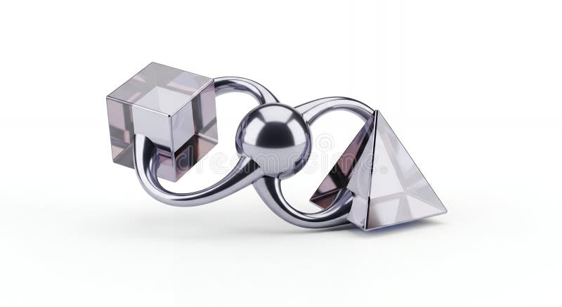 Polished Metal Geometric Shapes Cube Sphere and Pyramid Linked by ...