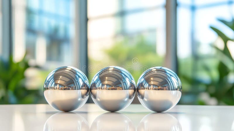 Polished Metal Spheres on Table Three Shiny Spheres Reflect Light ...