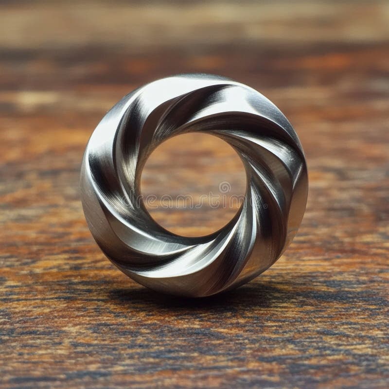 Polished Metal Torus with Intricate Swirling Design on Wooden Surface ...