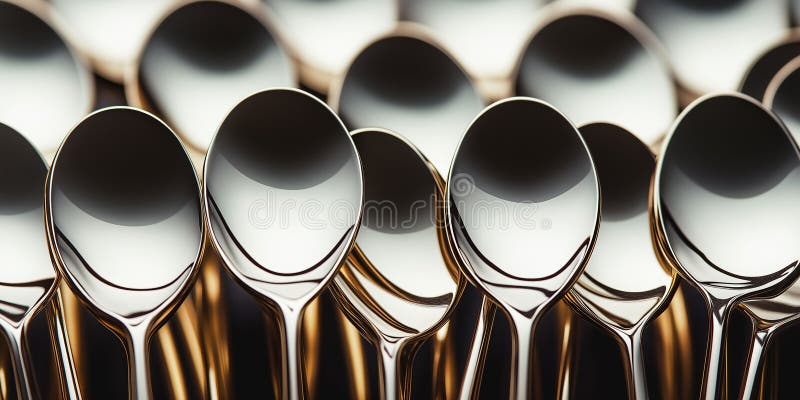 Closeup of Polished Metallic Spoons Arranged in Rows, Shiny Silver ...