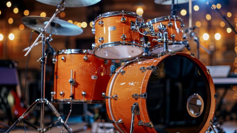Polished Orange Drum Set Illuminated Under Stage Lights, Ready for a ...