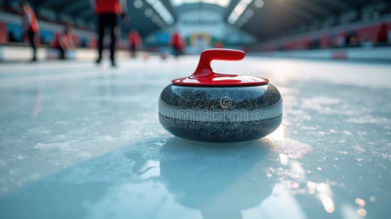 A Red Curling Stone Gliding Down a Sheet of Ice Towards the Target ...