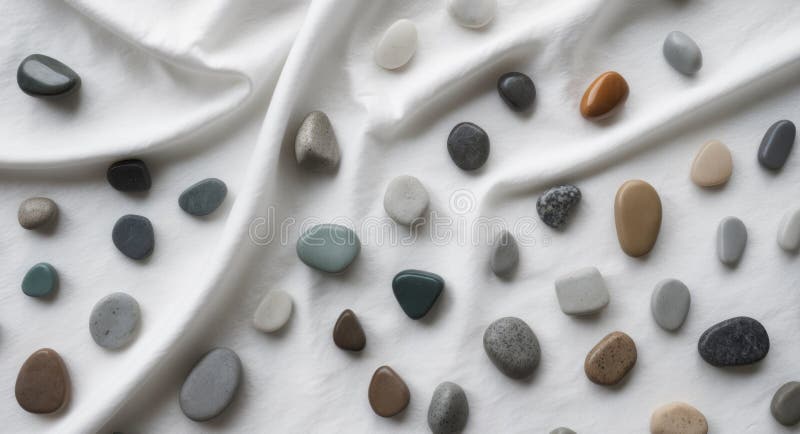 Polished River Stones Arranged on White Fabric, Creating a Serene and ...