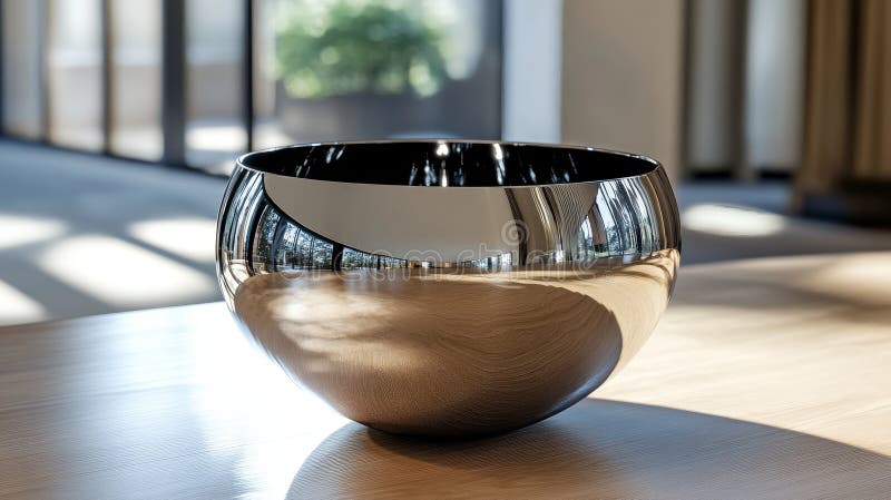 A Polished Silver Bowl Sits on a Wooden Table Reflecting Light and the ...