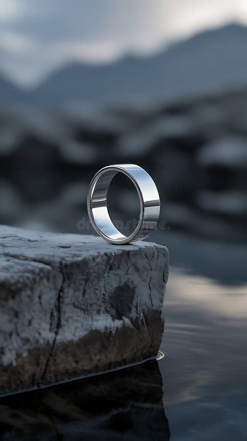 Polished Silver Wedding Ring Balanced on Rocky Stone with Mountain ...