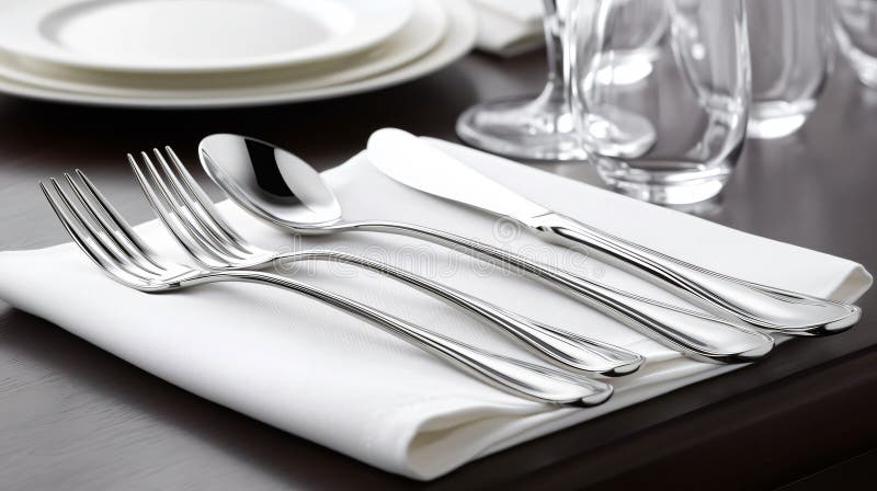 Shiny Silverware Set Elegantly Resting on White Napkin for Fine Dining ...