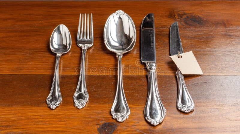 Polished Silverware Set with Ornate Handles on a Wooden Surface Stock ...