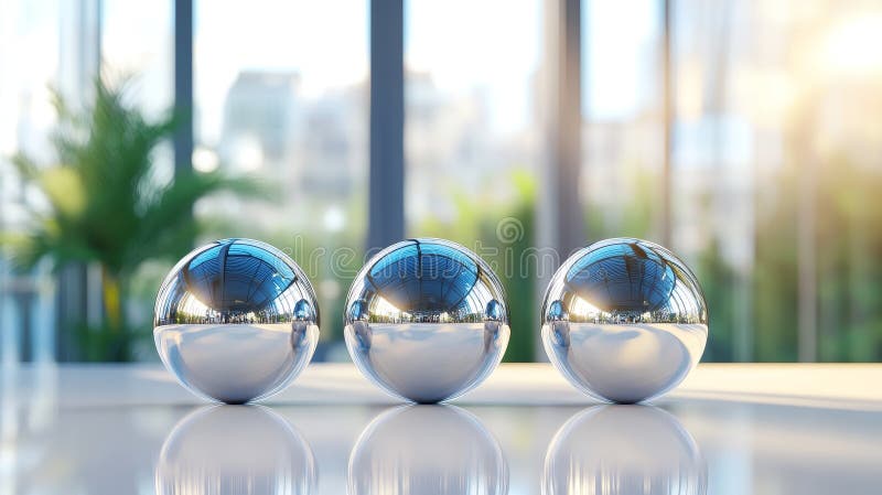 Polished Spheres Reflecting Cityscape Three Chrome Spheres Reflect a ...